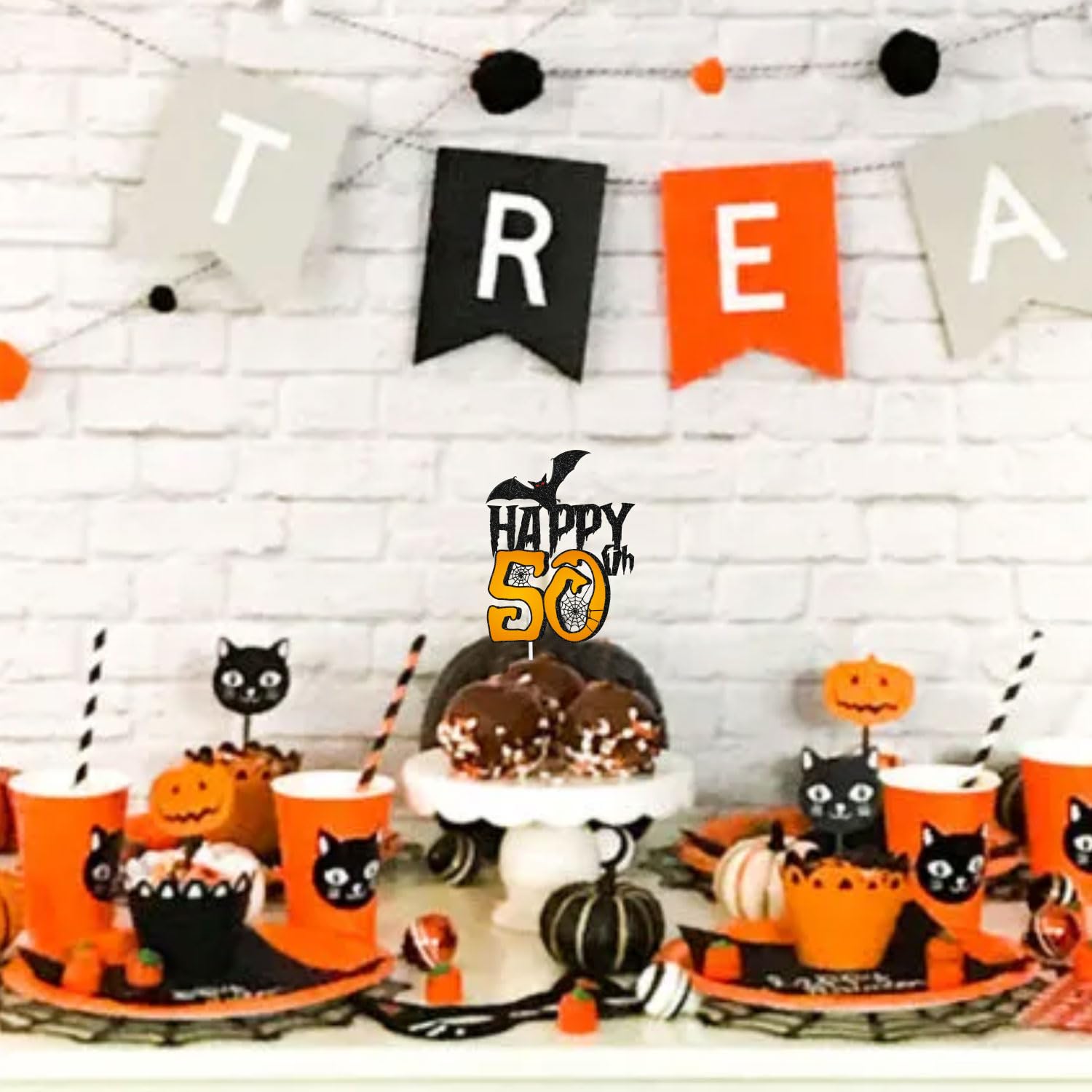 Halloween Theme 50th Happy Birthday Cake Topper - Halloween Theme Birthday Party, Halloween Bat Theme Anniversary Party, Spooky Spider Bat Decoration - LIANGSS