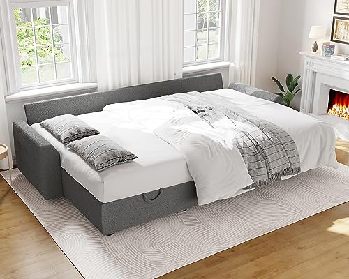 papababe Convertible Sofa Bed, Modern Tufted Sleeper Sofa, Pull Out Couch Bed with Chaise, Sleeper Sectional Sofa for Living Room (Boucle Grey)
