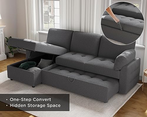 papababe Convertible Sofa Bed, Modern Tufted Sleeper Sofa, Pull Out Couch Bed with Chaise, Sleeper Sectional Sofa for Living Room (Boucle Grey)
