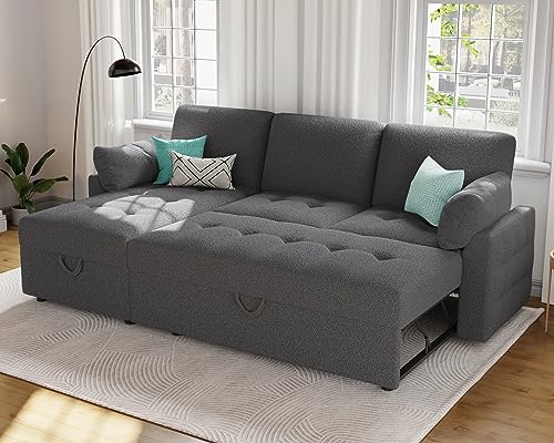 papababe Convertible Sofa Bed, Modern Tufted Sleeper Sofa, Pull Out Couch Bed with Chaise, Sleeper Sectional Sofa for Living Room (Boucle Grey)