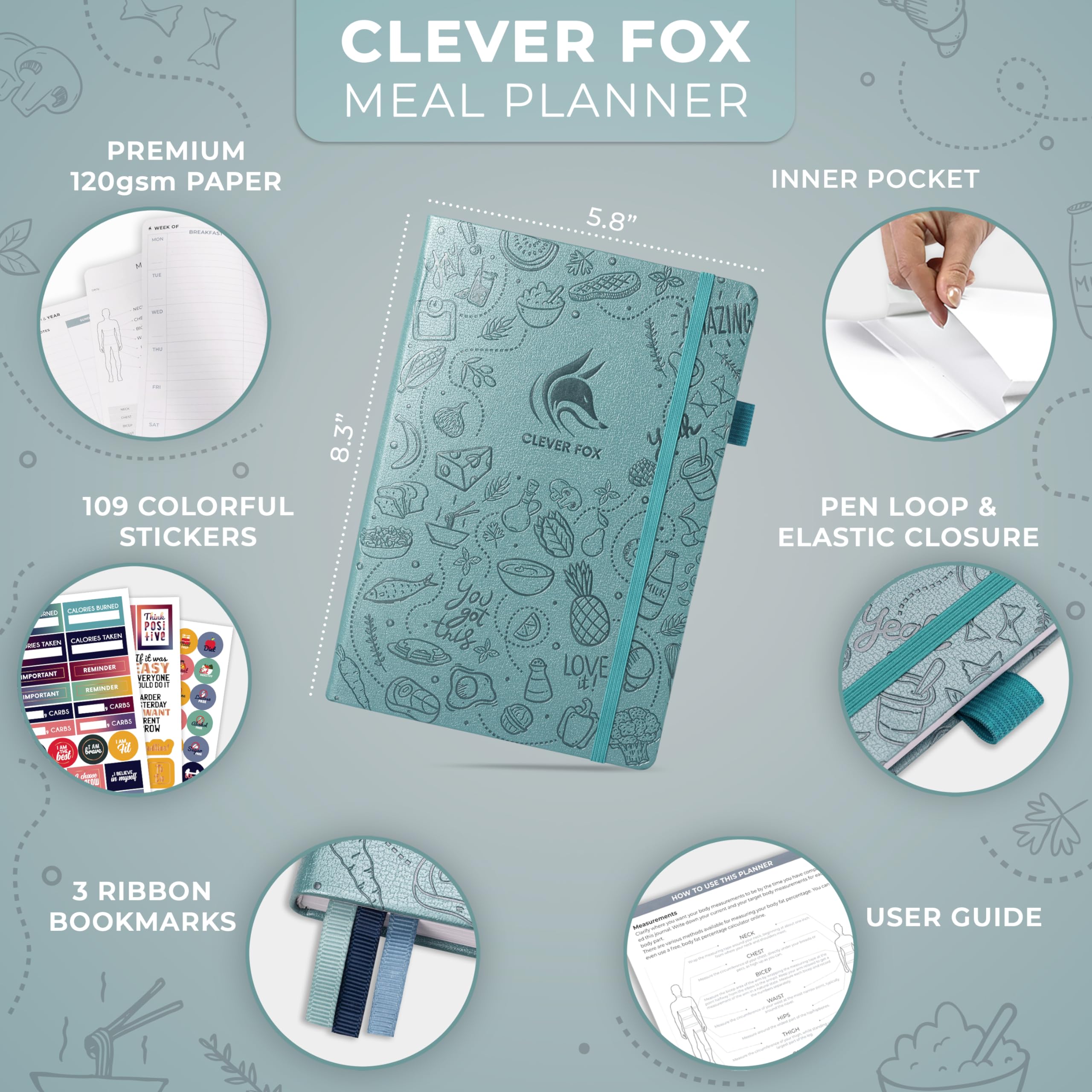 Clever Fox Weekly Meal Planner - Weekly & Daily Meal Prep Journal with Shopping and Grocery Lists for Menu Planning, Healthy Diet & Weight Loss Tracking, Lasts 1 Year, Undated, A5 - Aquamarine