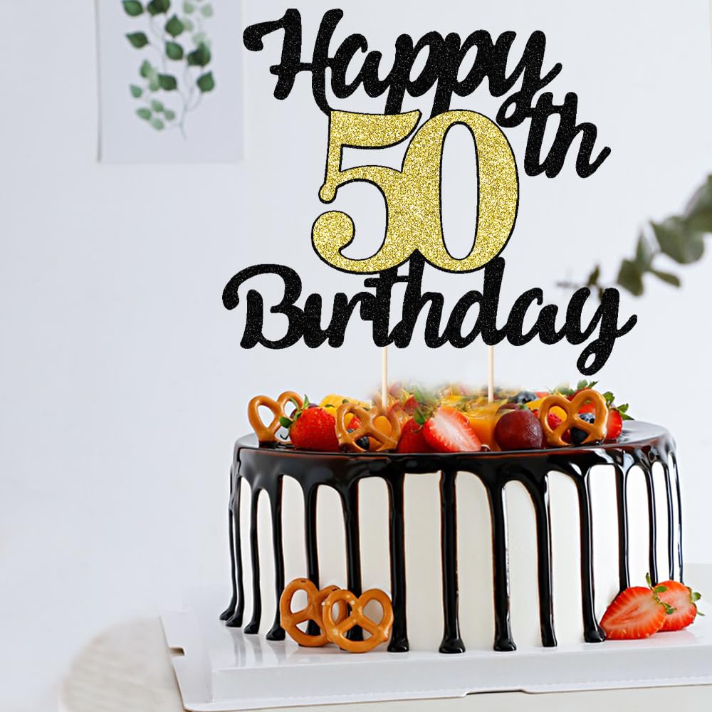 LVEUD happy birthday cake topper Black Font Golden Numbers 50th birthday happy Cake Topper -Birthday Party Decorations (50th)