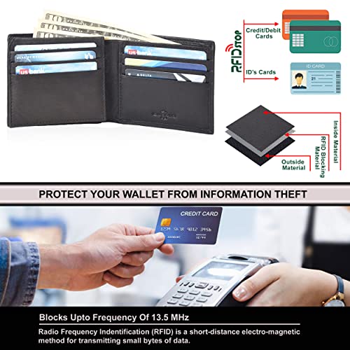 Mens Leather Wallet Rfid Blocking Slim Notecase Front Pocket Flip ID Window With 14 Slots | Real Full Grain Genuine Leather | Multiple Card Holder | Compact Premium Best Handmade Gift (Midnight Black)