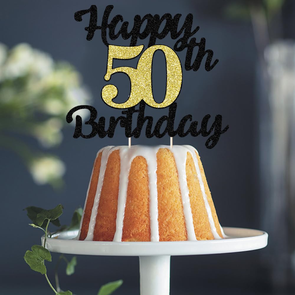 LVEUD happy birthday cake topper Black Font Golden Numbers 50th birthday happy Cake Topper -Birthday Party Decorations (50th)