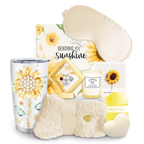 Fitvc 50th Birthday Gifts for Women, Happy 1974 Birthday Gifts Set for Woman Mom Wife Best Friends, Funny 50 Year Old Gift Basket Box Unique, Sending Sunshine 20oz Wine Tumbler Bday Gift for Female