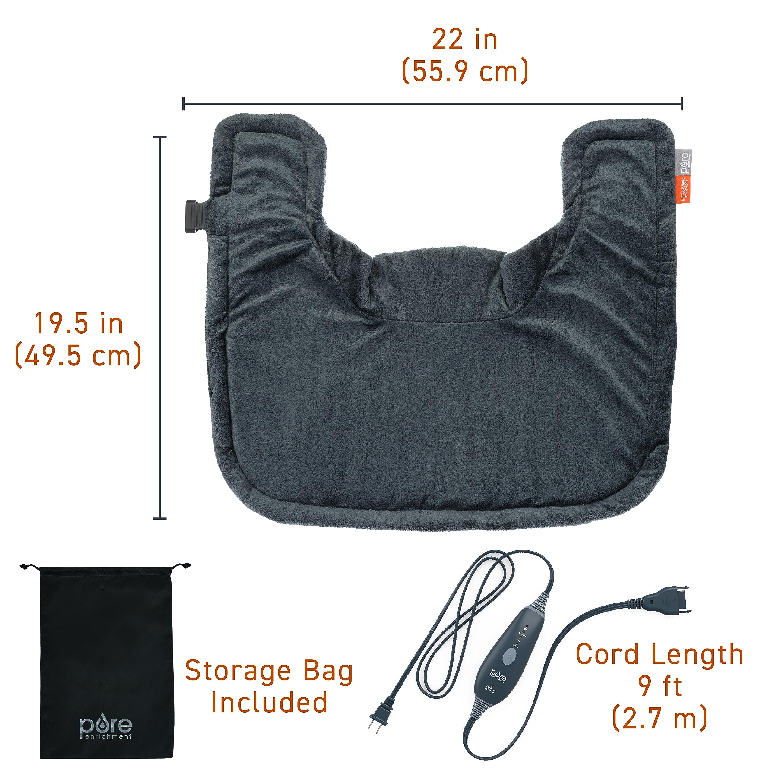 Pure Enrichment PureRelief Pro Far Infrared Neck & Shoulder Heating Pad - Deeper Muscle Relief, 4 Heat Settings, Auto Shut-Off, Universal Fit, Magnetic Closure, Dry/Moist Heat, Machine Washable