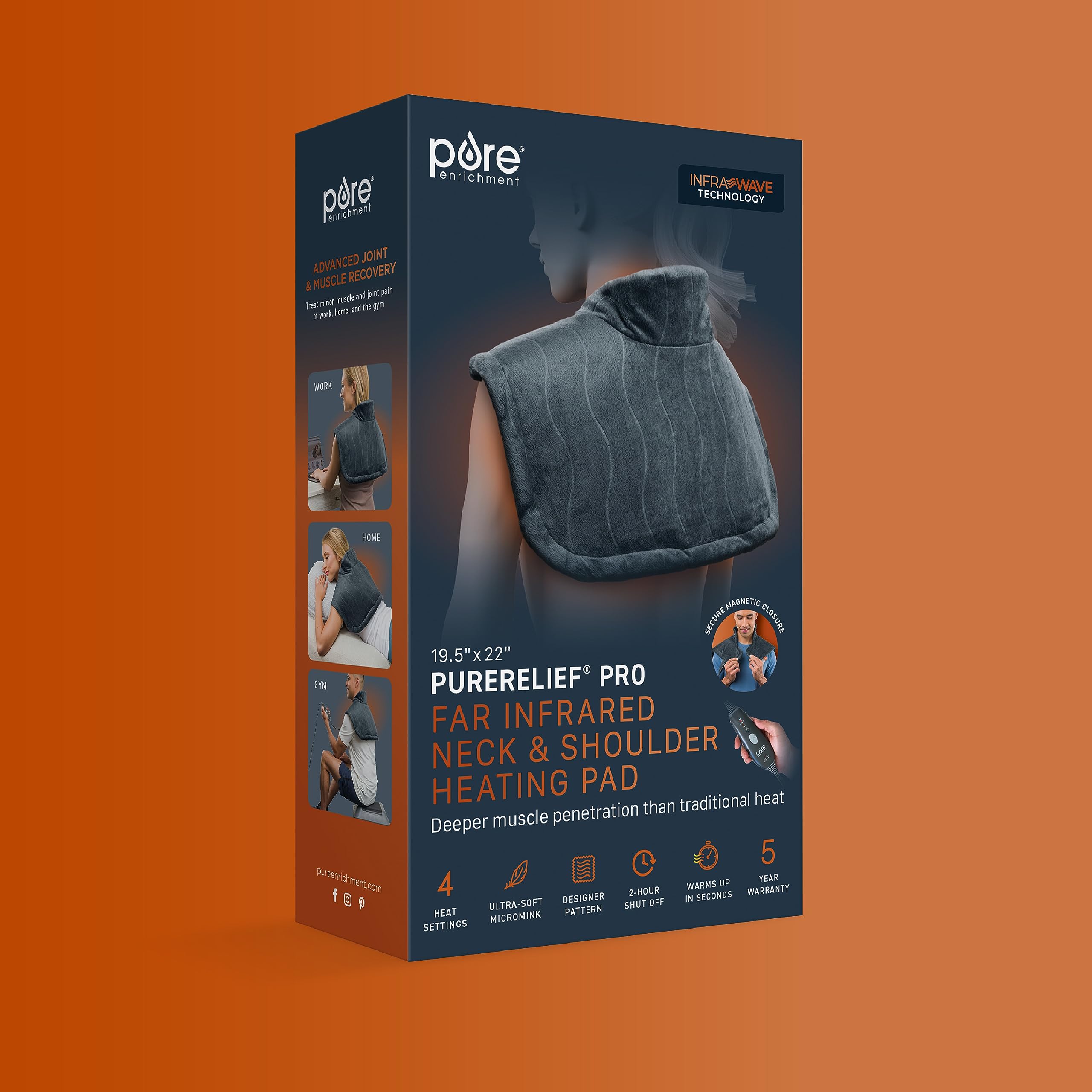 Pure Enrichment PureRelief Pro Far Infrared Neck & Shoulder Heating Pad - Deeper Muscle Relief, 4 Heat Settings, Auto Shut-Off, Universal Fit, Magnetic Closure, Dry/Moist Heat, Machine Washable