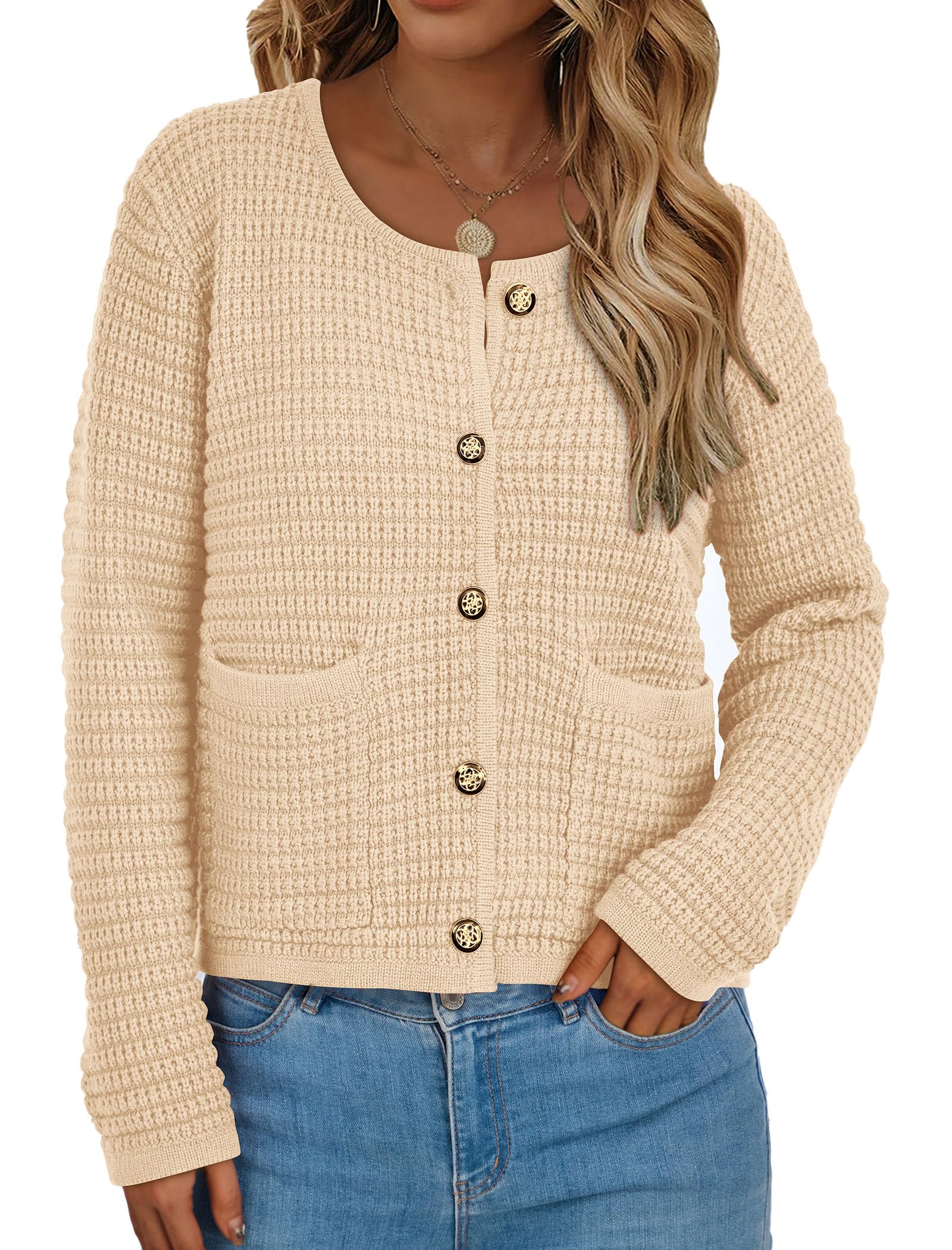 PRETTYGARDEN Women's Knit Cardigan Sweaters Fall Fashion Long Sleeve Open Front Button Down Trendy Casual Sweater Jacket (Beige, Large)