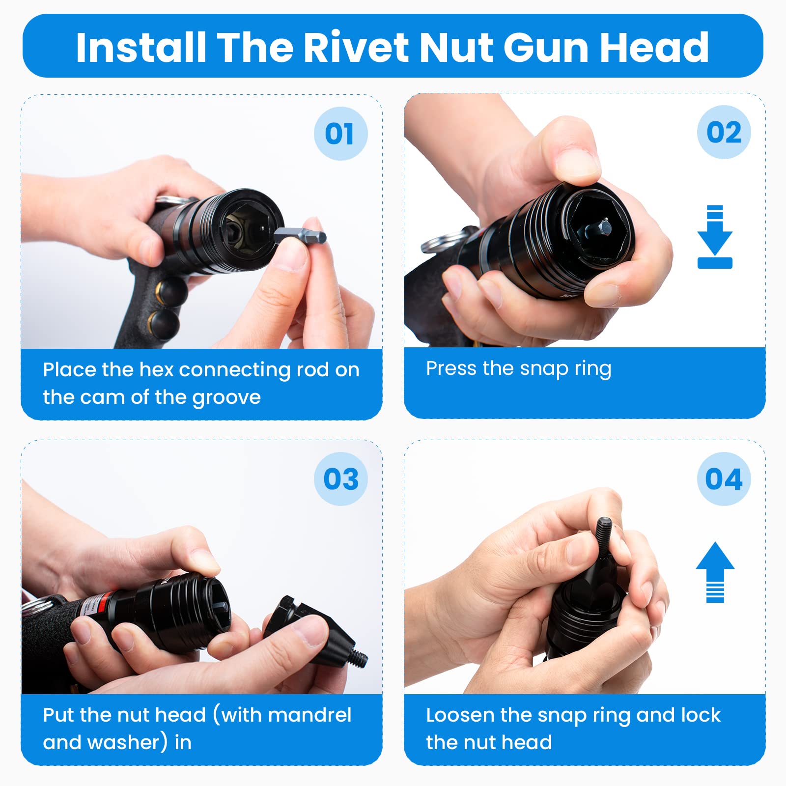 TOJIZEN Pneumatic Rivet Nut Gun Kit - 1/4, 5/16 & 3/8 inch Gun Heads - Air Powered Rivet Nut Tool Set for Rivnut, Threaded Insert, and More - Professional Air Riveter and Riv Nut Tool