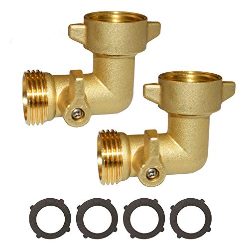 HQMPC 90 Degree Garden Hose Elbow with Shut Off Valve Hose Elbow 3/4" GHT Garden Hose Elbow Brass Garden Hose RV Adapter Water Hose 90 Degree Eelbow With 4 Pcs Washers