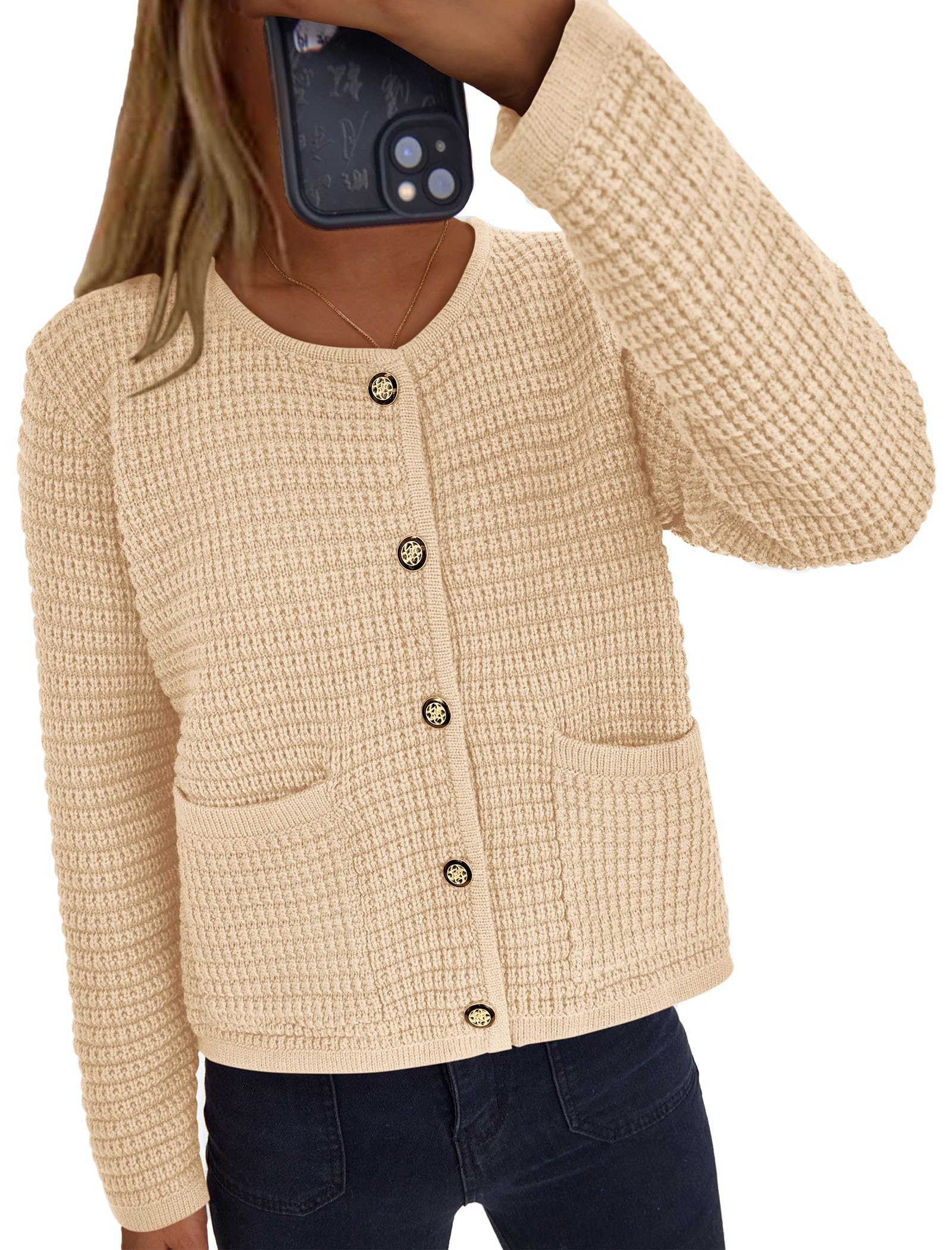 PRETTYGARDEN Women's Knit Cardigan Sweaters Fall Fashion Long Sleeve Open Front Button Down Trendy Casual Sweater Jacket (Beige, Large)