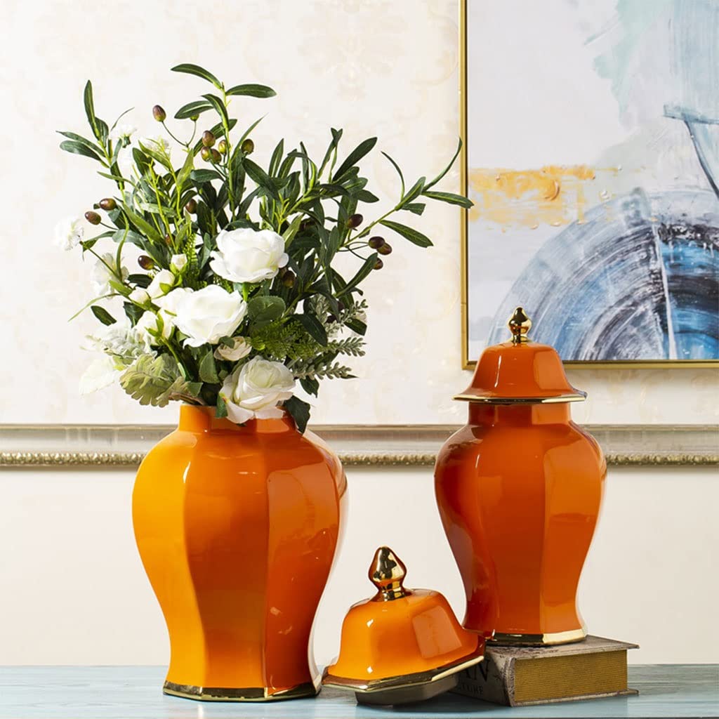 Handmade Orange Hexagon Ginger Jar Vase Ornament, Home & Living Room Decorative Jar, Gold-Plated Ceramic Temple Jar (Size : Small)