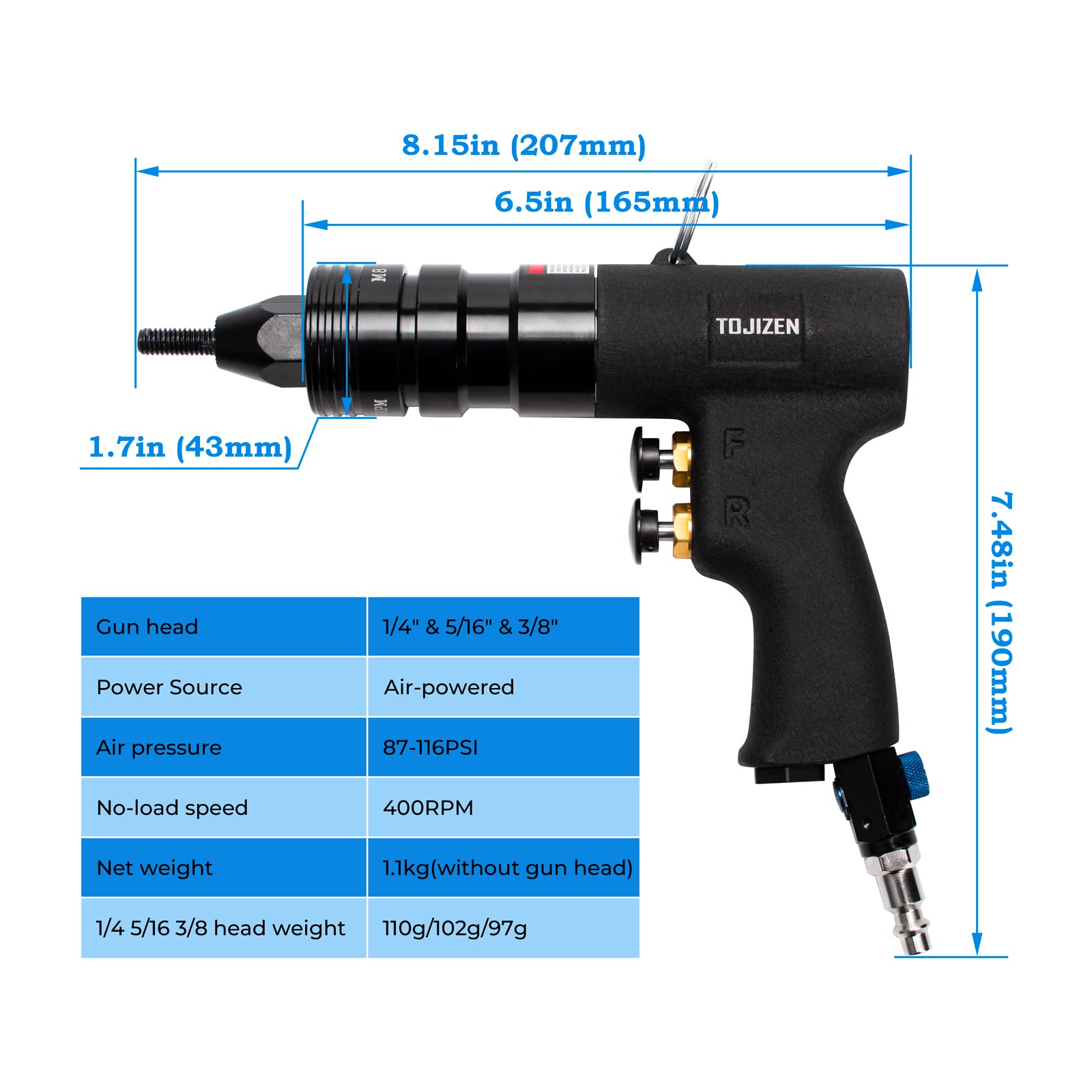 TOJIZEN Pneumatic Rivet Nut Gun Kit - 1/4, 5/16 & 3/8 inch Gun Heads - Air Powered Rivet Nut Tool Set for Rivnut, Threaded Insert, and More - Professional Air Riveter and Riv Nut Tool