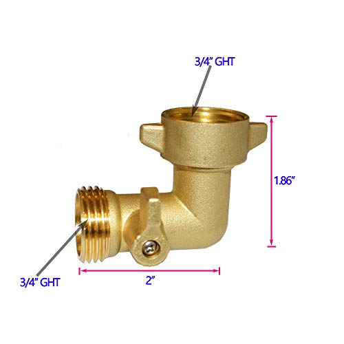 HQMPC 90 Degree Garden Hose Elbow with Shut Off Valve Hose Elbow 3/4" GHT Garden Hose Elbow Brass Garden Hose RV Adapter Water Hose 90 Degree Eelbow With 4 Pcs Washers