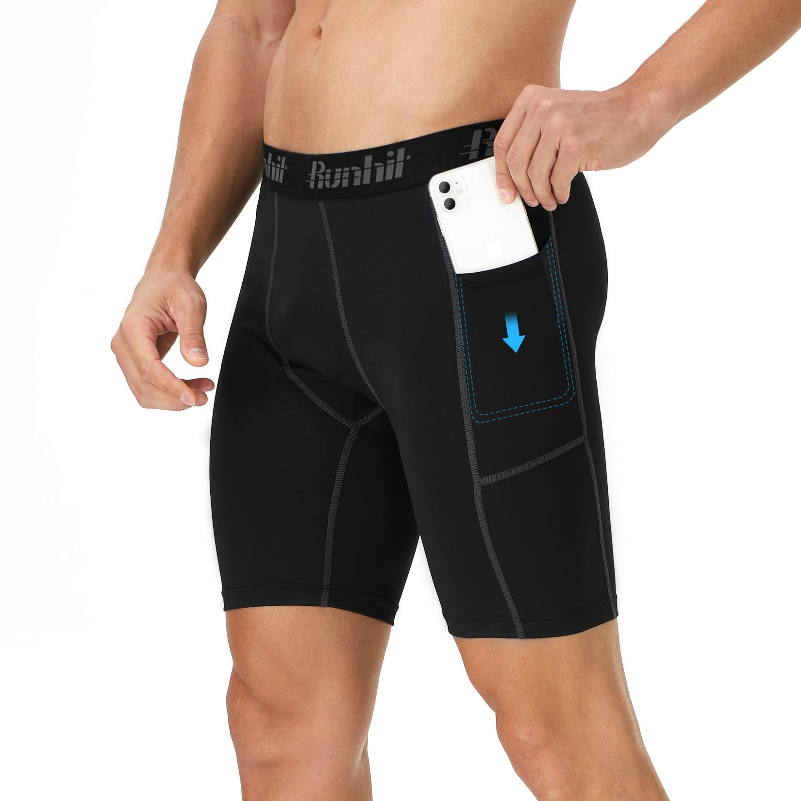 Runhit 3 Pack Sports Compression Shorts Men with Phone Pockets,Spandex Underwear for Men Shorts Running Short Workout Athletic Base Layer