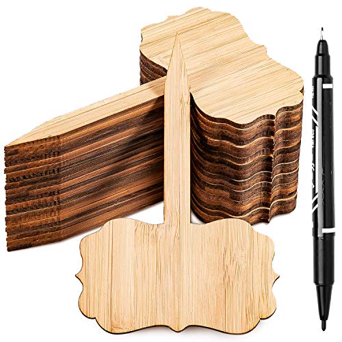 Whaline 30Pcs Bamboo Plant Labels Eco-Friendly Flower T-Type Wooden Plant Sign Tags Wood Garden Markers Decorative Garden Tags for Seed Potted Herbs Flowers Vegetables with 1 Marker Pen, 10 X 6.5 CM