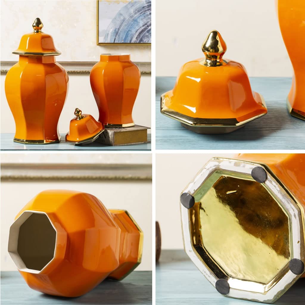 Handmade Orange Hexagon Ginger Jar Vase Ornament, Home & Living Room Decorative Jar, Gold-Plated Ceramic Temple Jar (Size : Small)