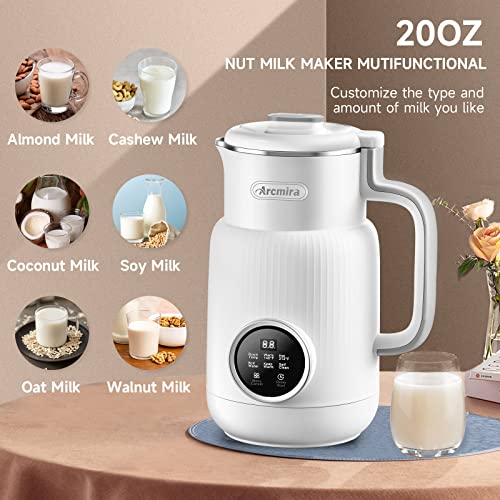 Arcmira Automatic Nut Milk Maker, 20 oz Homemade Almond, Oat, Soy, Plant-Based Milk and Dairy Free Beverages, Almond Milk Maker with Delay Start/Keep Warm/Boil Water, Soy Milk Maker with Nut Milk Bag, White
