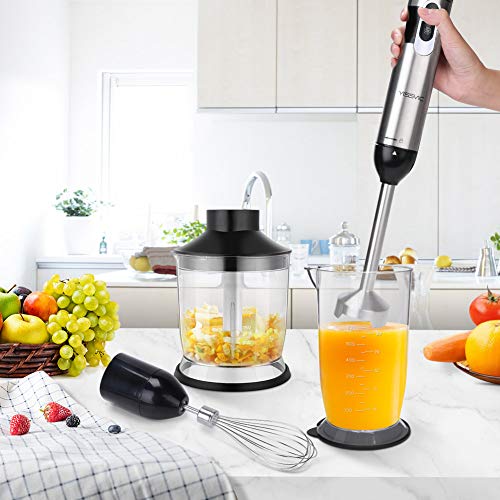 YISSVIC Immersion Hand Blender, 4 in 1 9 Speed Stick Blender with 500ml Food Grinder 700ml Container Chopper Whisk Puree Infant Food, Smoothies, Sauces Soups (1000W 4 In 1 Silver)