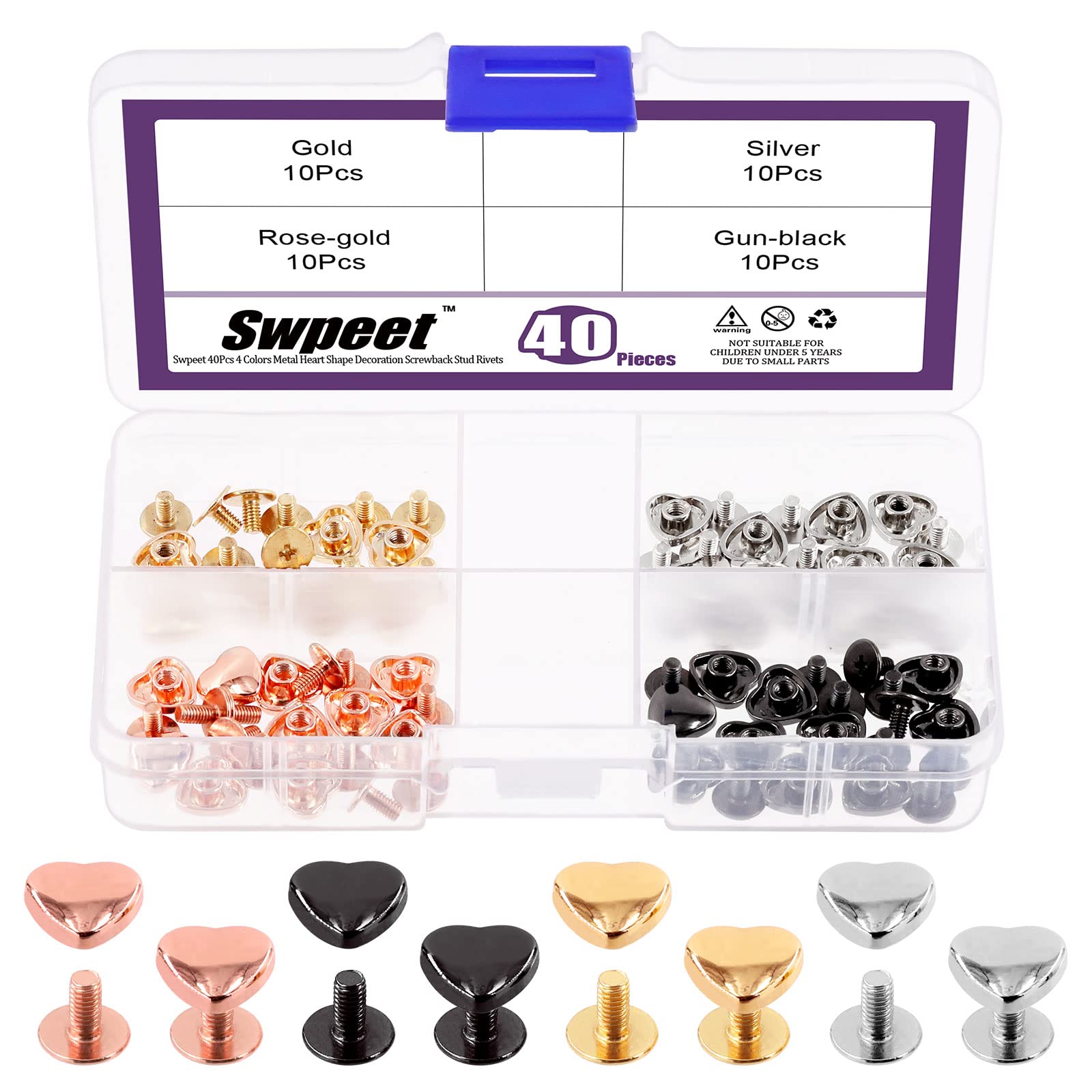 Swpeet 40Pcs Metal Heart Shape Decoration Stud Rivets Set, 4 Colors 10mm Heart Rivet for Belt Clothes Purse Handbag Leather Craft DIY Handmade Accessories(Gold Silver Gun-Black Rose-Gold)