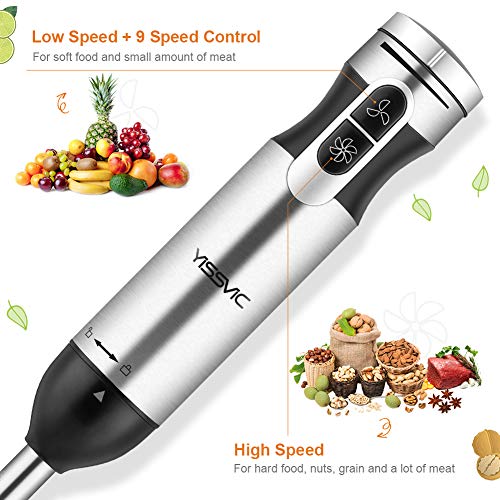 YISSVIC Immersion Hand Blender, 4 in 1 9 Speed Stick Blender with 500ml Food Grinder 700ml Container Chopper Whisk Puree Infant Food, Smoothies, Sauces Soups (1000W 4 In 1 Silver)