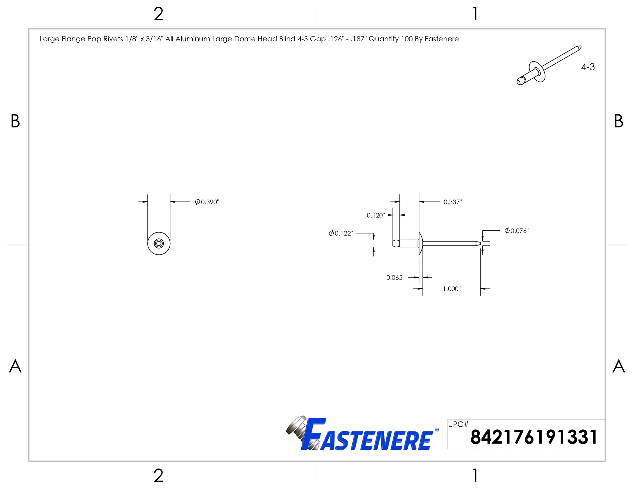 Large Flange Pop Rivets 1/8" x 3/16" All Aluminum Dome Head Blind 4-3 Gap .126" - .187" Quantity 100 by Fastenere