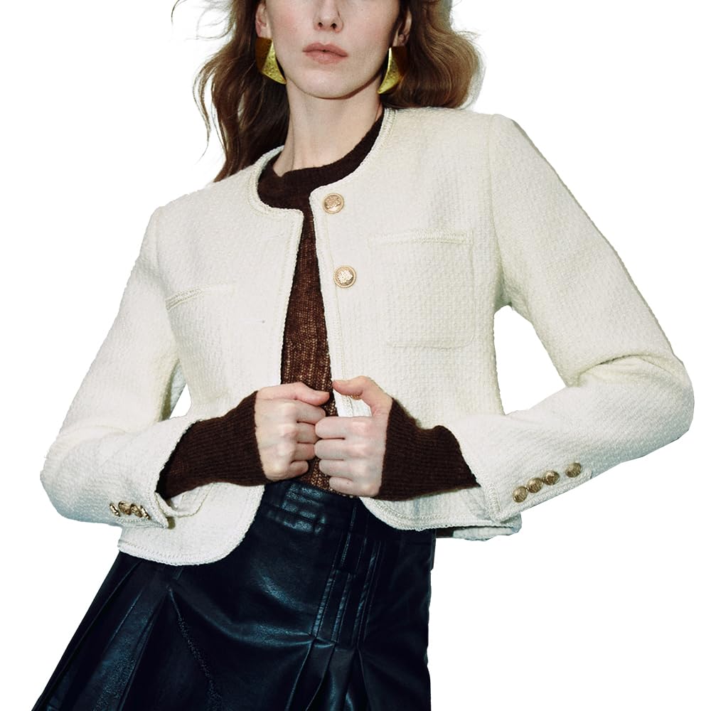 URBAN REVIVO Womens Tweed Blazers Jacket Cropped Long Sleeve Casual Suits Button Down Outwear with Pocket for Work White, X-Small