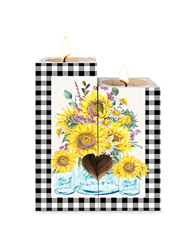 Sunflower Candle Holder with Tea Light, Vintage Wood Tealight Candle Stick Holder Pillar Centerpiece, Heart-Shaped Tall Wooden Tea Light Candle Holders Decor Set Black White Lattice Wild Floral Bottle