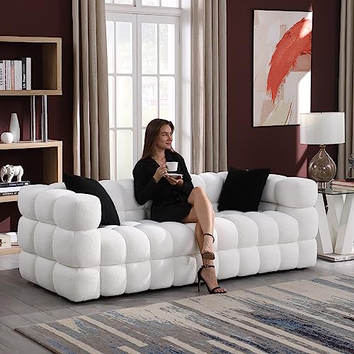 Melpomene Modern Boucle Sofa Couch, Cloud Sofa Upholstered 3 Seater Sofa with 2 Pillows and Wood Legs,Tufted Sofa for Bedroom, Office, Apartment(White)