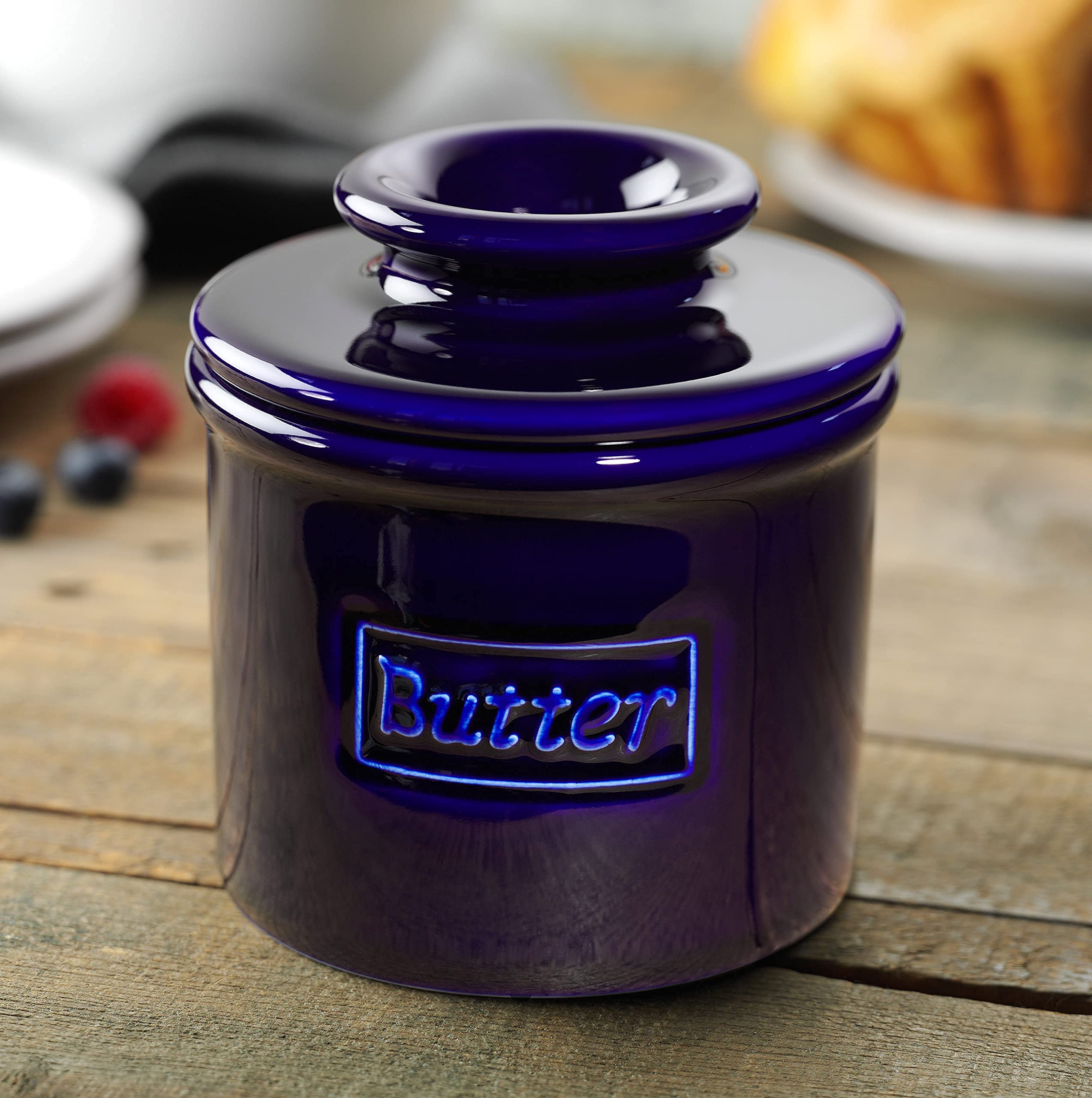 Butter Bell - The Original Butter Bell crock by L Tremain, a Countertop French Ceramic Butter Dish Keeper for Spreadable Butter, Café Retro Collection, Cobalt Blue, Glossy Finish