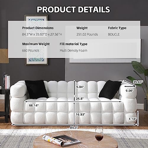 Melpomene Modern Boucle Sofa Couch, Cloud Sofa Upholstered 3 Seater Sofa with 2 Pillows and Wood Legs,Tufted Sofa for Bedroom, Office, Apartment(White)