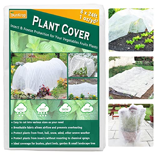SunKrop Plant Covers Freeze Protection, 1oz/yd² 8x24ft Non-Woven Floating Row Cover Vegetable Shade Cloth for Greenhouse, Garden Winter Blanket for Frost Cold Weather Sun Insect Protection Tarp Wraps