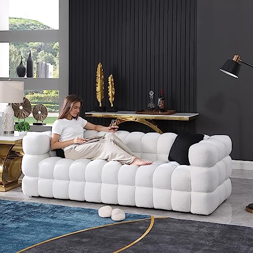 Melpomene Modern Boucle Sofa Couch, Cloud Sofa Upholstered 3 Seater Sofa with 2 Pillows and Wood Legs,Tufted Sofa for Bedroom, Office, Apartment(White)