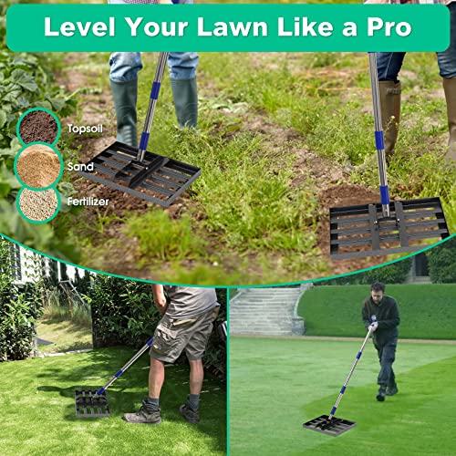 Lawn Leveling Rake, Heavy Duty 17"x10" Lawn Leveling Rake with 6FT Adjustable Steel Handle for Yard Garden Lawn Leveling, Soil Sand Leveling Spreading Dirt Top Dressing, Small Lawn Level Tool