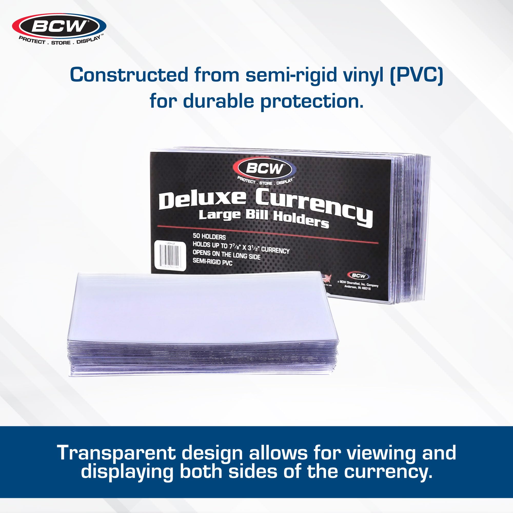 BCW Large Bill Deluxe Currency Holders - 50ct | Deluxe Archival Safe Bill Protector Sleeves | High Clarity Double-Polished Clear Vinyl | for Collectors and Numismatics | Large Currency Holders