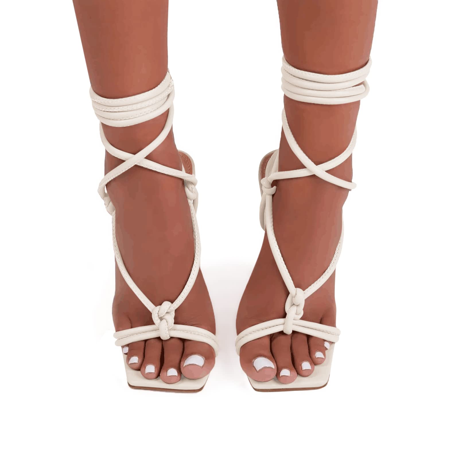 Coutgo Strappy Heels for Women, Lace Up Square Open Toe Dress Sandals, Stiletto Heeled for Summer Party