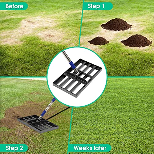 Lawn Leveling Rake, Heavy Duty 17"x10" Lawn Leveling Rake with 6FT Adjustable Steel Handle for Yard Garden Lawn Leveling, Soil Sand Leveling Spreading Dirt Top Dressing, Small Lawn Level Tool