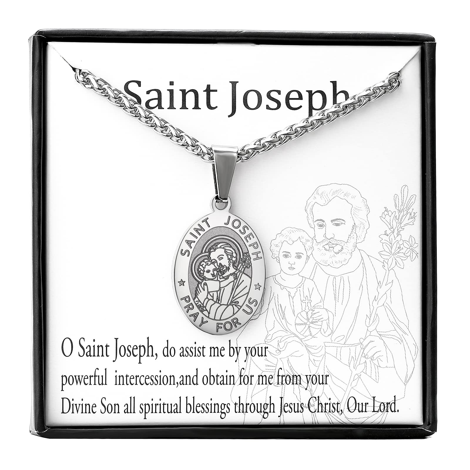 Zocomi Silver Saint St Joseph Medal Necklace for Men Boys, St. Joseph Pendant Chain Jewelry Catholic Christian Religious Baptism First Communion Confirmation Gifts Teenage Age Kids