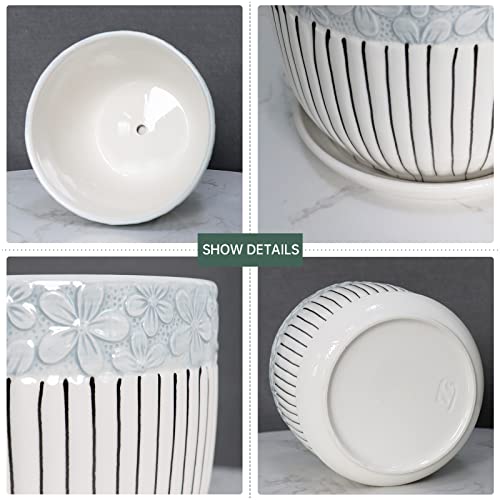 Ton Sin Grey Flower Pots,Texture Planter for Indoor Plants Set of 3 Ceramic Flower Pots with Saucer,Cute Garden Pots Succulent Pots(3 Pack,Grey