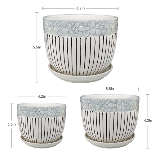 Ton Sin Grey Flower Pots,Texture Planter for Indoor Plants Set of 3 Ceramic Flower Pots with Saucer,Cute Garden Pots Succulent Pots(3 Pack,Grey