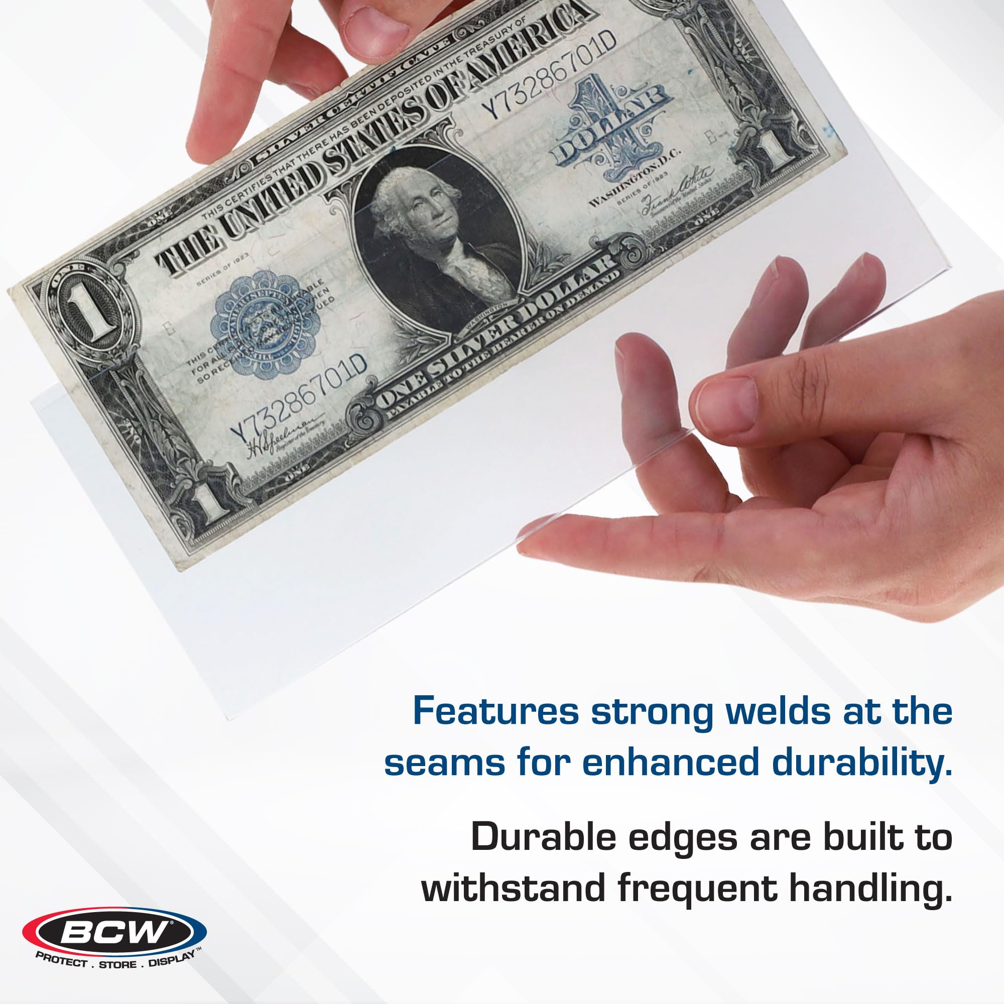 BCW Large Bill Deluxe Currency Holders - 50ct | Deluxe Archival Safe Bill Protector Sleeves | High Clarity Double-Polished Clear Vinyl | for Collectors and Numismatics | Large Currency Holders