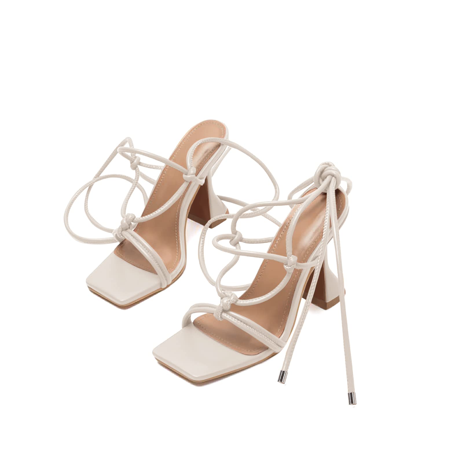 Coutgo Strappy Heels for Women, Lace Up Square Open Toe Dress Sandals, Stiletto Heeled for Summer Party