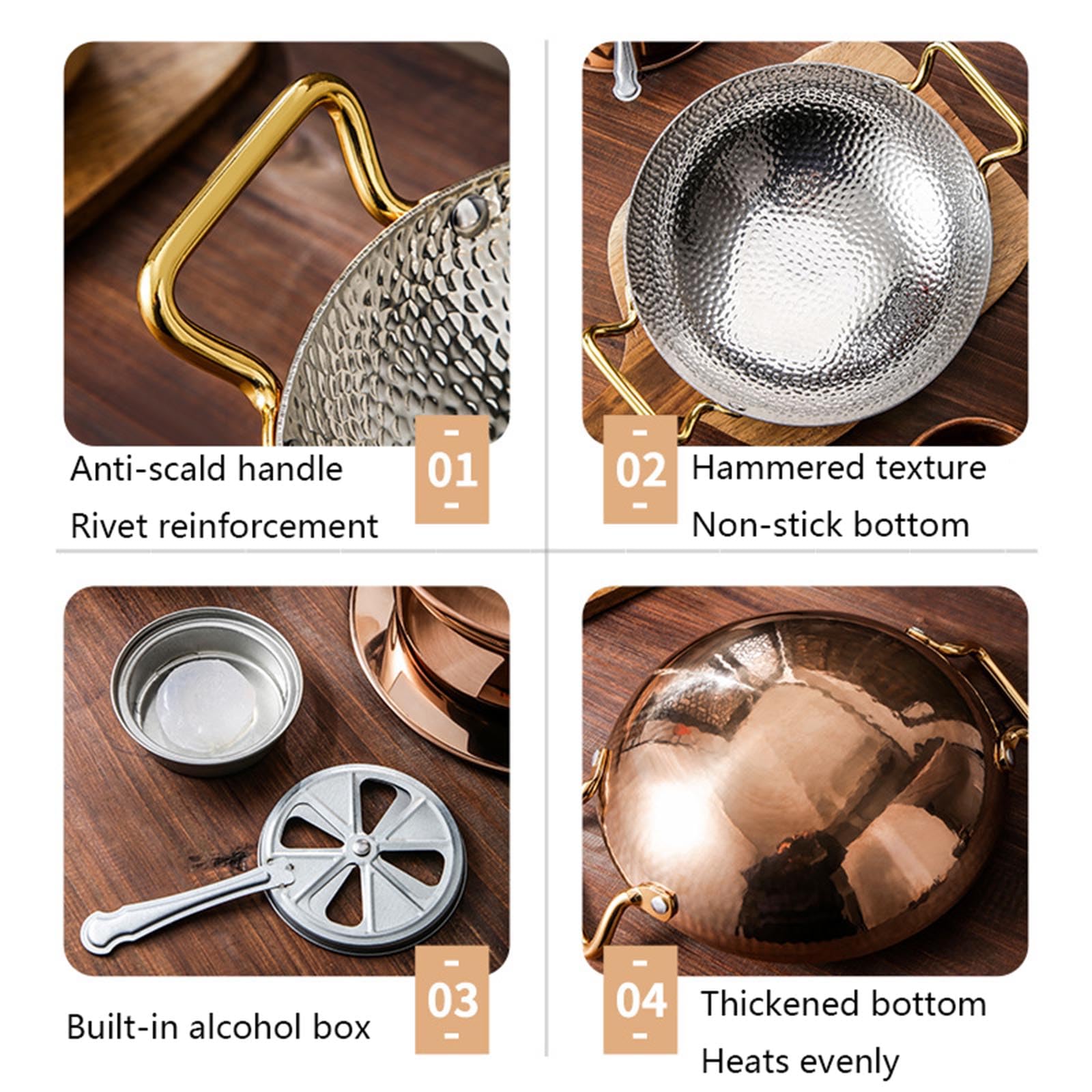 UGCER Stainless Steel Chafing Dish Dry Pot Set, Catering Food Warmers Buffet Server with Food Pan, Fuel Holder, for Catering Party Wedding,Copper,20cm