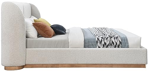 Meridian Furniture JardinCream-Q Jardin Collection Art Deco Queen Bed with Rich Cream Boucle Fabric, Solid Wood Base, Rounded Wing Back Bed, 65.75" W x 90" D x 40.25" H, Cream, Queen