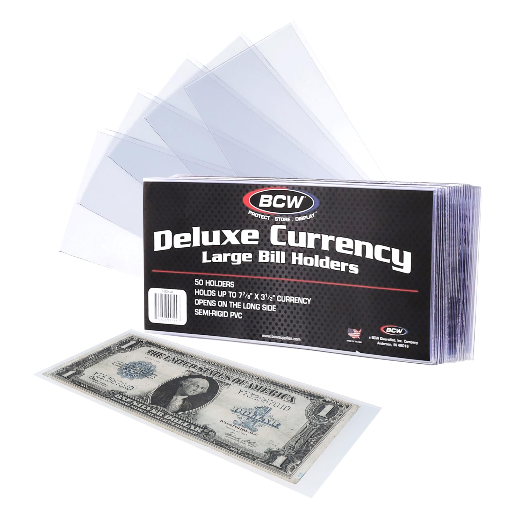 BCW Large Bill Deluxe Currency Holders - 50ct | Deluxe Archival Safe Bill Protector Sleeves | High Clarity Double-Polished Clear Vinyl | for Collectors and Numismatics | Large Currency Holders