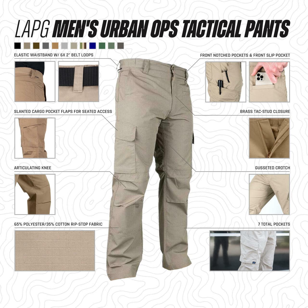 LAPG Men's Urban Ops Tactical Pants, Gusseted Crotch Lightweight Cargo Pants, Elastic Waistband Ripstop Work Pants, Water & Stain Resistant Pants for Men, Sierra, 36W x 32L