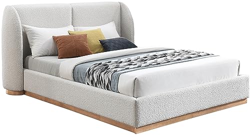 Meridian Furniture JardinCream-Q Jardin Collection Art Deco Queen Bed with Rich Cream Boucle Fabric, Solid Wood Base, Rounded Wing Back Bed, 65.75" W x 90" D x 40.25" H, Cream, Queen