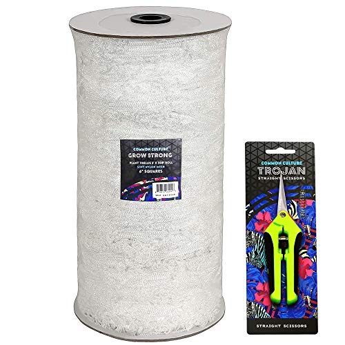 COMMON CULTURE Grow Strong Plant Trellis + Trojan Scissors - 6" Square Soft Mesh Nylon Trellis Netting Bulk Roll - Heavy-Duty Garden Netting for Plants - 5' x 350' - 1 Roll