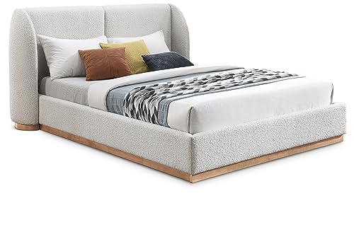 Meridian Furniture JardinCream-Q Jardin Collection Art Deco Queen Bed with Rich Cream Boucle Fabric, Solid Wood Base, Rounded Wing Back Bed, 65.75" W x 90" D x 40.25" H, Cream, Queen