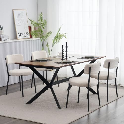AWQM White Dining Chairs Set of 4, Upholstered Boucle Dining Chair with Curved Backrest and Black Metal Legs, Kitchen Dining Room Chairs for Living Room, Kitchen